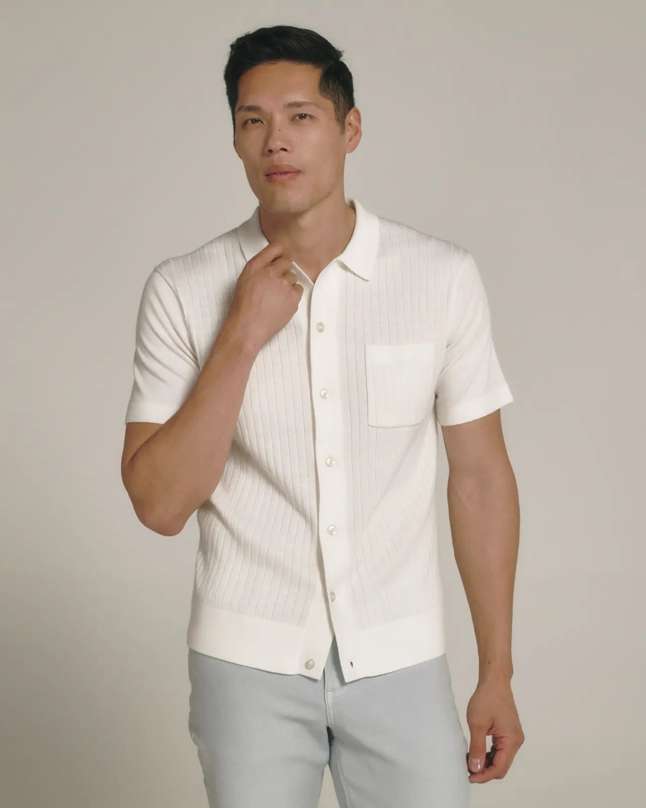 Haiden Buttondown Sweater Polo Natural White | Andrew Lock Menswear